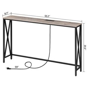 MAHANCRIS Narrow Sofa Table, Farmhouse Sofa Couch Table with Charging Station, Sturdy and Durable, for Entryway, Living Room, Foyer, Greige CTHG8301Z