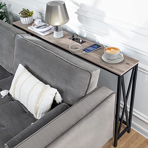 MAHANCRIS Narrow Sofa Table, Farmhouse Sofa Couch Table with Charging Station, Sturdy and Durable, for Entryway, Living Room, Foyer, Greige CTHG8301Z