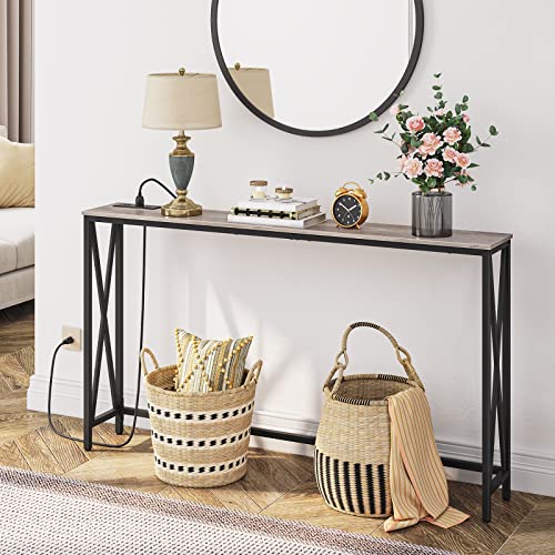 MAHANCRIS Narrow Sofa Table, Farmhouse Sofa Couch Table with Charging Station, Sturdy and Durable, for Entryway, Living Room, Foyer, Greige CTHG8301Z