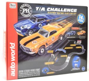 auto world/premium hobbies t/a challenge mustang vs camaro ho scale slot car race set cp7973