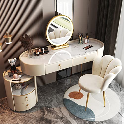 Makeup Vanity Table with Lighted Mirror and Velvet Chair, Large Vanity Desk, Bedroom Dressing Table, Marble Look Table Top, Gold Metal Legs (Color : White-120cm/47.2inch)