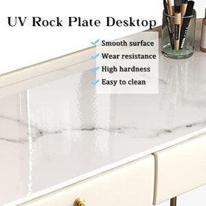 Makeup Vanity Table with Lighted Mirror and Velvet Chair, Large Vanity Desk, Bedroom Dressing Table, Marble Look Table Top, Gold Metal Legs (Color : White-120cm/47.2inch)