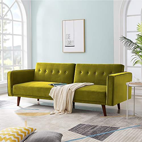 Hbaid 85.43" Velvet Sofa Bed, Convertible Sleeper Sofa with Tapered Wood Legs and Armrest, Modern Loveseat Couches for Living Room, Bedroom, Mustard