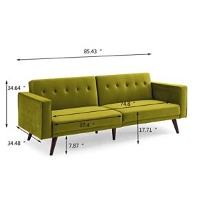 Hbaid 85.43" Velvet Sofa Bed, Convertible Sleeper Sofa with Tapered Wood Legs and Armrest, Modern Loveseat Couches for Living Room, Bedroom, Mustard