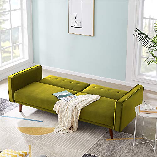 Hbaid 85.43" Velvet Sofa Bed, Convertible Sleeper Sofa with Tapered Wood Legs and Armrest, Modern Loveseat Couches for Living Room, Bedroom, Mustard