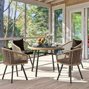 YITAHOME 5-Piece Outdoor Patio Furniture Dining Set, All-Weather Rattan Conversation Set with Soft Cushions and Glass Top Dining Table for Backyard Deck (Light Brown + Black)