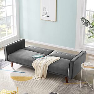 Hbaid 85.43" Velvet Sofa Bed, Grey Couch Convertible Sleeper Sofa with Tapered Wood Legs and Armrest, Modern Loveseat Couches for Living Room, Bedroom