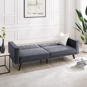 Hbaid 85.43" Velvet Sofa Bed, Grey Couch Convertible Sleeper Sofa with Tapered Wood Legs and Armrest, Modern Loveseat Couches for Living Room, Bedroom