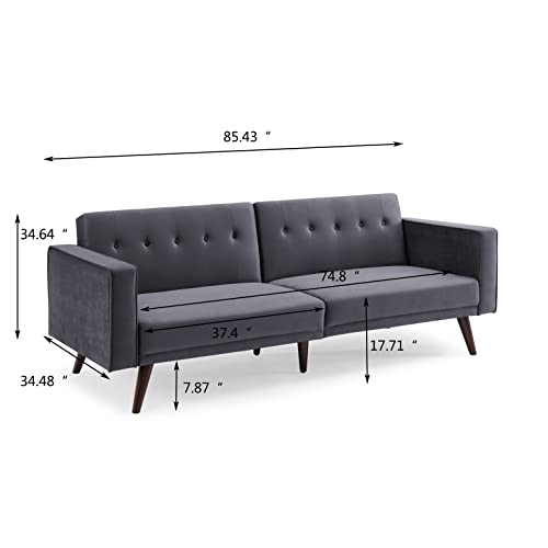 Hbaid 85.43" Velvet Sofa Bed, Grey Couch Convertible Sleeper Sofa with Tapered Wood Legs and Armrest, Modern Loveseat Couches for Living Room, Bedroom