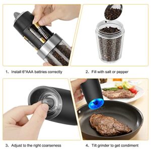 Enutogo Electric Salt and Pepper Grinder Set, Automatic Gravity Salt and Pepper Mill with Adjustable Coarseness, Salt and Pepper Shakers Battery Powered with LED Light, One Hand Operation