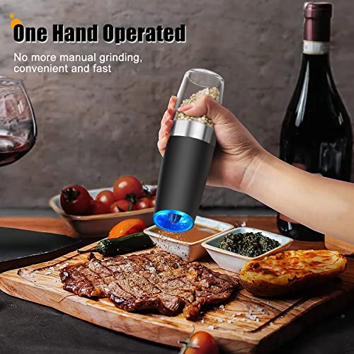 Enutogo Electric Salt and Pepper Grinder Set, Automatic Gravity Salt and Pepper Mill with Adjustable Coarseness, Salt and Pepper Shakers Battery Powered with LED Light, One Hand Operation