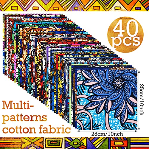 Mixweer 40 Pcs African Cotton Fabric Square No Repeat Quilting Fabrics Bundles African Wax Fabric Cotton Ankara Fat Quarters for DIY Sewing Cloths Handmade Accessories(10 x 10 Inch)