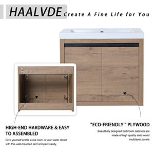 HAALVDE 24" Wall Mounted Bathroom Vanity with Sink Combo,24 Inch Single Brown Floating Bathroom Vanity, Cabinet Set with 2 Doors,White Resin Basin Sink Top(IMO, 009-24''W X 18''D)