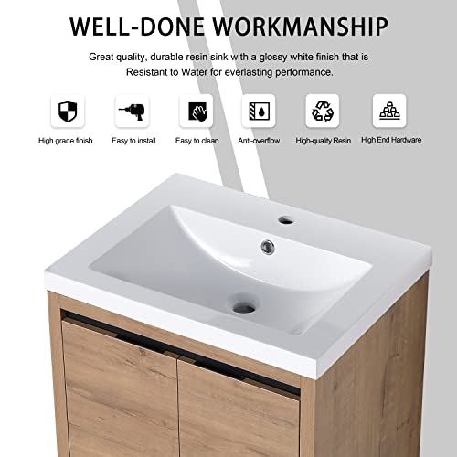 HAALVDE 24" Wall Mounted Bathroom Vanity with Sink Combo,24 Inch Single Brown Floating Bathroom Vanity, Cabinet Set with 2 Doors,White Resin Basin Sink Top(IMO, 009-24''W X 18''D)