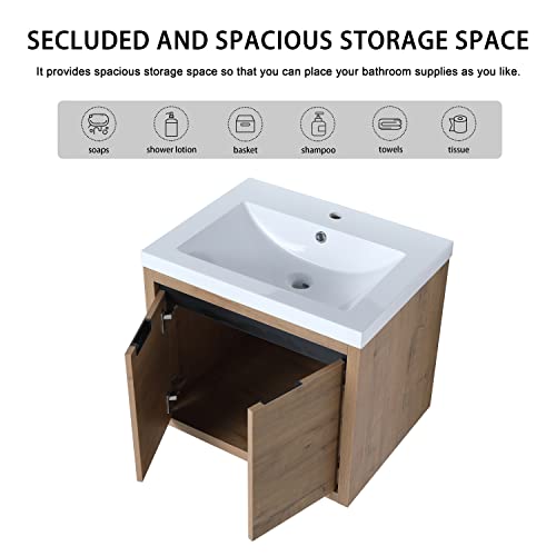 HAALVDE 24" Wall Mounted Bathroom Vanity with Sink Combo,24 Inch Single Brown Floating Bathroom Vanity, Cabinet Set with 2 Doors,White Resin Basin Sink Top(IMO, 009-24''W X 18''D)