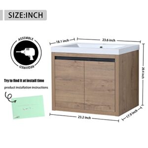 HAALVDE 24" Wall Mounted Bathroom Vanity with Sink Combo,24 Inch Single Brown Floating Bathroom Vanity, Cabinet Set with 2 Doors,White Resin Basin Sink Top(IMO, 009-24''W X 18''D)