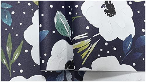 HAOKHOME 93245-3 Peel and Stick Floral Wallpaper Home Decor Removable Navy/White/Blue Vinyl Self Adhesive Mural 17.7in x 9.8ft