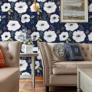 HAOKHOME 93245-3 Peel and Stick Floral Wallpaper Home Decor Removable Navy/White/Blue Vinyl Self Adhesive Mural 17.7in x 9.8ft