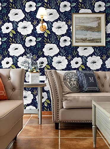 HAOKHOME 93245-3 Peel and Stick Floral Wallpaper Home Decor Removable Navy/White/Blue Vinyl Self Adhesive Mural 17.7in x 9.8ft