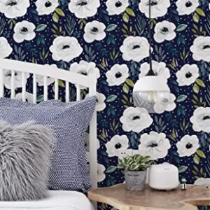 HAOKHOME 93245-3 Peel and Stick Floral Wallpaper Home Decor Removable Navy/White/Blue Vinyl Self Adhesive Mural 17.7in x 9.8ft