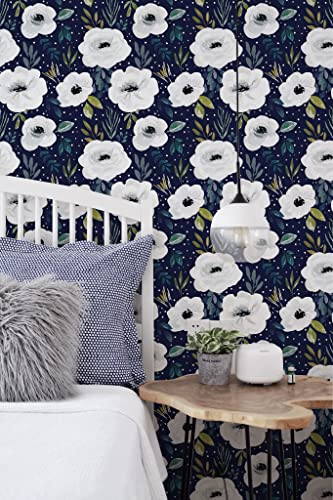 HAOKHOME 93245-3 Peel and Stick Floral Wallpaper Home Decor Removable Navy/White/Blue Vinyl Self Adhesive Mural 17.7in x 9.8ft