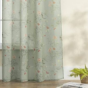 XTMYI Sage Green Curtains 84 Inch Length for Living Room 2 Panels Set Spring Design Printed Pattern Floral Bird Leaf Sheer Window Curtain Panels for Bedroom 84 Inches Long,Light Green