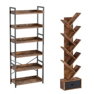 rolanstar bookshelf 6 tier with 9-tier tree bookshelf wooden bookshelves storage rack for cds/movies/books, standing bookshelves metal frame display rack for living room, bedroom