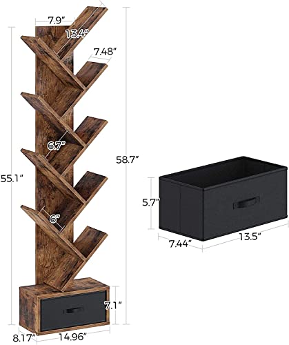 Rolanstar Bookshelf 6 Tier with 9-Tier Tree Bookshelf Wooden Bookshelves Storage Rack for CDs/Movies/Books, Standing Bookshelves Metal Frame Display Rack for Living Room, Bedroom