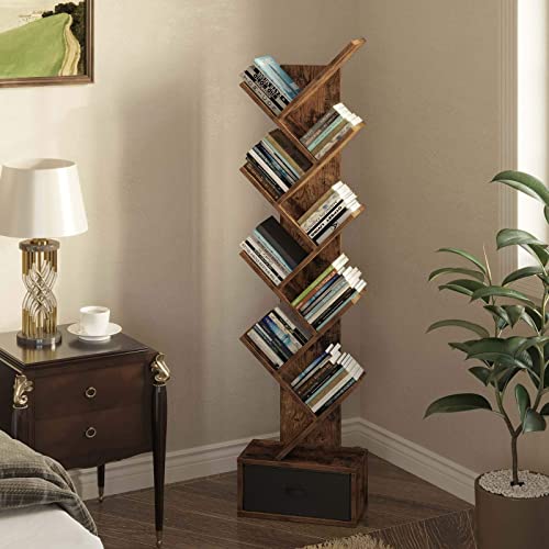 Rolanstar Bookshelf 6 Tier with 9-Tier Tree Bookshelf Wooden Bookshelves Storage Rack for CDs/Movies/Books, Standing Bookshelves Metal Frame Display Rack for Living Room, Bedroom