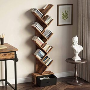 Rolanstar Bookshelf 6 Tier with 9-Tier Tree Bookshelf Wooden Bookshelves Storage Rack for CDs/Movies/Books, Standing Bookshelves Metal Frame Display Rack for Living Room, Bedroom