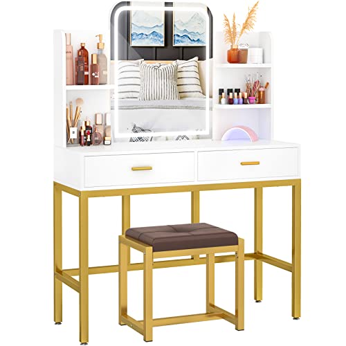 armocity Vanity Desk with Mirror and Light, Makeup Vanity with Cushioned Stool, Vanity Table Set with 3 Color Lighting Options, Modern Dressing Table with 2 Storage Drawers for Bedroom, White