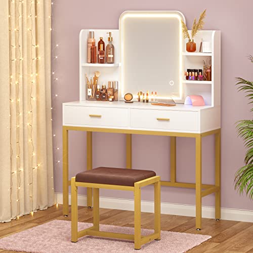 armocity Vanity Desk with Mirror and Light, Makeup Vanity with Cushioned Stool, Vanity Table Set with 3 Color Lighting Options, Modern Dressing Table with 2 Storage Drawers for Bedroom, White