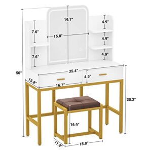 armocity Vanity Desk with Mirror and Light, Makeup Vanity with Cushioned Stool, Vanity Table Set with 3 Color Lighting Options, Modern Dressing Table with 2 Storage Drawers for Bedroom, White