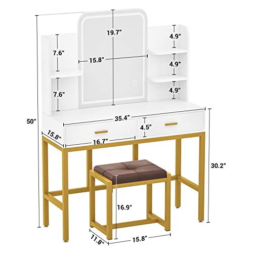 armocity Vanity Desk with Mirror and Light, Makeup Vanity with Cushioned Stool, Vanity Table Set with 3 Color Lighting Options, Modern Dressing Table with 2 Storage Drawers for Bedroom, White