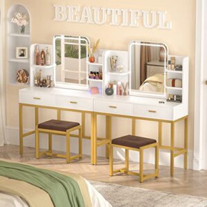 armocity Vanity Desk with Mirror and Light, Makeup Vanity with Cushioned Stool, Vanity Table Set with 3 Color Lighting Options, Modern Dressing Table with 2 Storage Drawers for Bedroom, White