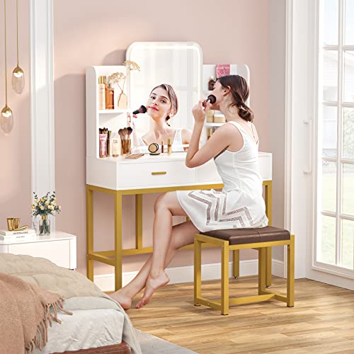 armocity Vanity Desk with Mirror and Light, Makeup Vanity with Cushioned Stool, Vanity Table Set with 3 Color Lighting Options, Modern Dressing Table with 2 Storage Drawers for Bedroom, White