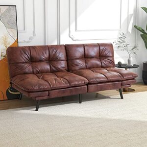 LIFERECORD Futon Sofa Bed Faux Leather Modern Convertible Sofa Memory Foam Daybed with Adjustable Armrests for Living Room, Nut Brown