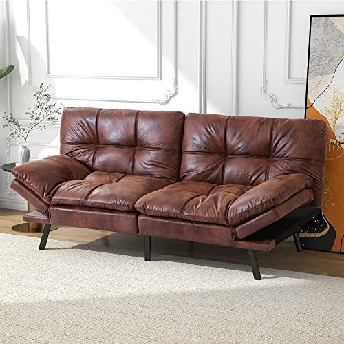 LIFERECORD Futon Sofa Bed Faux Leather Modern Convertible Sofa Memory Foam Daybed with Adjustable Armrests for Living Room, Nut Brown