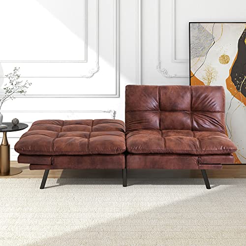 LIFERECORD Futon Sofa Bed Faux Leather Modern Convertible Sofa Memory Foam Daybed with Adjustable Armrests for Living Room, Nut Brown