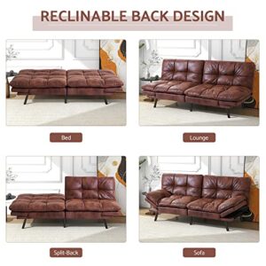 LIFERECORD Futon Sofa Bed Faux Leather Modern Convertible Sofa Memory Foam Daybed with Adjustable Armrests for Living Room, Nut Brown