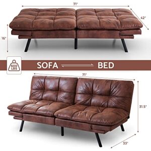 LIFERECORD Futon Sofa Bed Faux Leather Modern Convertible Sofa Memory Foam Daybed with Adjustable Armrests for Living Room, Nut Brown