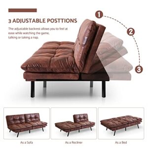 LIFERECORD Futon Sofa Bed Faux Leather Modern Convertible Sofa Memory Foam Daybed with Adjustable Armrests for Living Room, Nut Brown