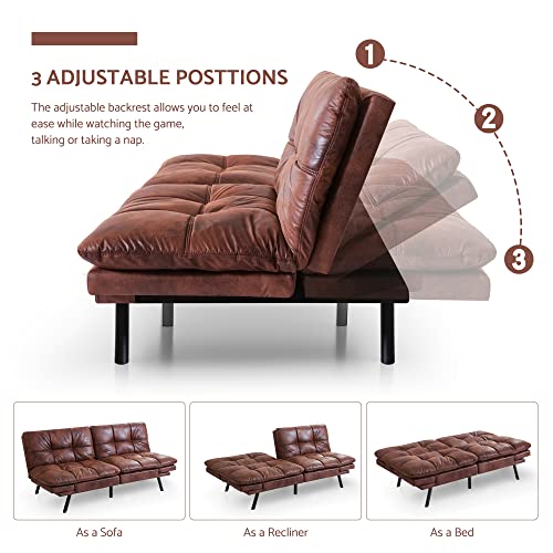 LIFERECORD Futon Sofa Bed Faux Leather Modern Convertible Sofa Memory Foam Daybed with Adjustable Armrests for Living Room, Nut Brown