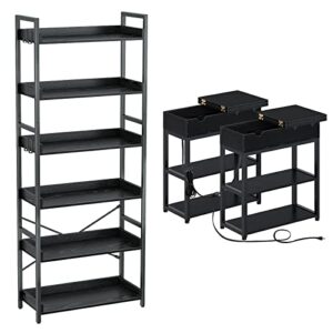 rolanstar black bookshelf 6 tier with 4 hooks, industrial wood bookcase, vintage storage rack bundle end table with charging station set of 2 living room side table