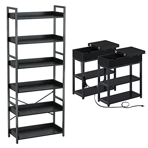 Rolanstar Black Bookshelf 6 Tier with 4 Hooks, Industrial Wood Bookcase, Vintage Storage Rack Bundle End Table with Charging Station Set of 2 Living Room Side Table