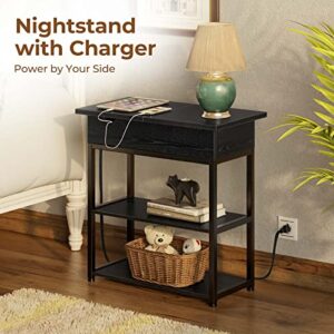 Rolanstar Black Bookshelf 6 Tier with 4 Hooks, Industrial Wood Bookcase, Vintage Storage Rack Bundle End Table with Charging Station Set of 2 Living Room Side Table