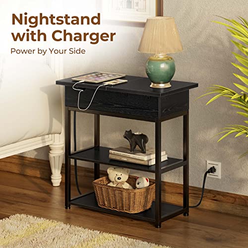 Rolanstar Black Bookshelf 6 Tier with 4 Hooks, Industrial Wood Bookcase, Vintage Storage Rack Bundle End Table with Charging Station Set of 2 Living Room Side Table