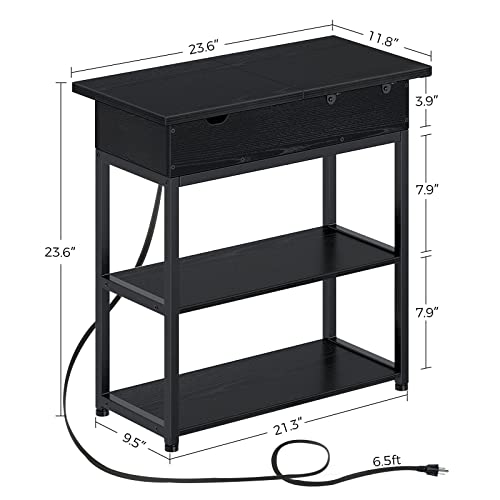 Rolanstar Black Bookshelf 6 Tier with 4 Hooks, Industrial Wood Bookcase, Vintage Storage Rack Bundle End Table with Charging Station Set of 2 Living Room Side Table