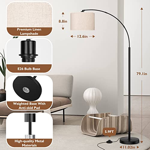 Arc Floor Lamps for Living Room, Modern Standing Lamp with Adjustable Hanging Drum Shade, 79'' Black Tall Pole Lamp with Weighted Base & Edison E26 Socket, Corner Light for Reading Bedroom Office