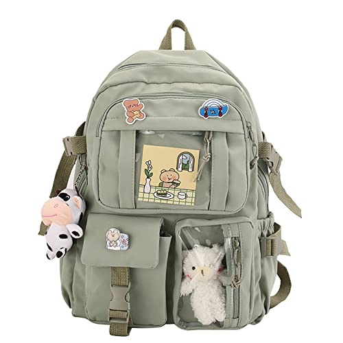 Thanps Kawaii Backpack with Cute Pin Accessories and Plush Pendant Cute Aesthetic Backpacks for School Bag Girl Backpack (Green), 31*13*43cm